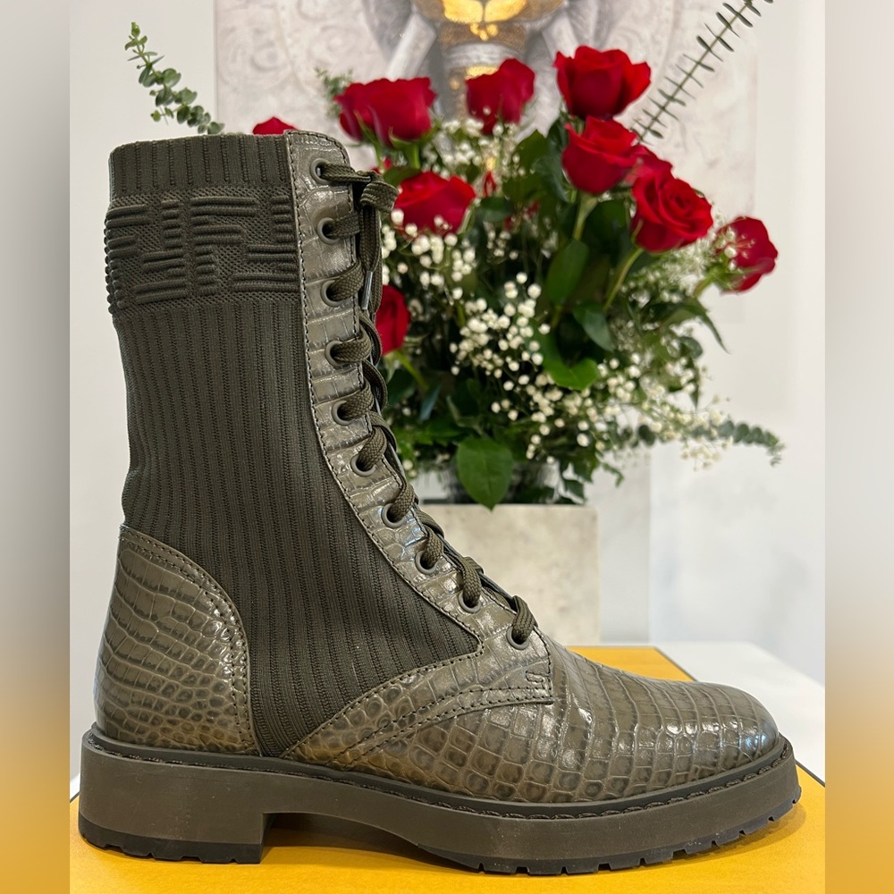 Fendi Rockoko Croco Embossed Leather Logo Biker Boots - Gem